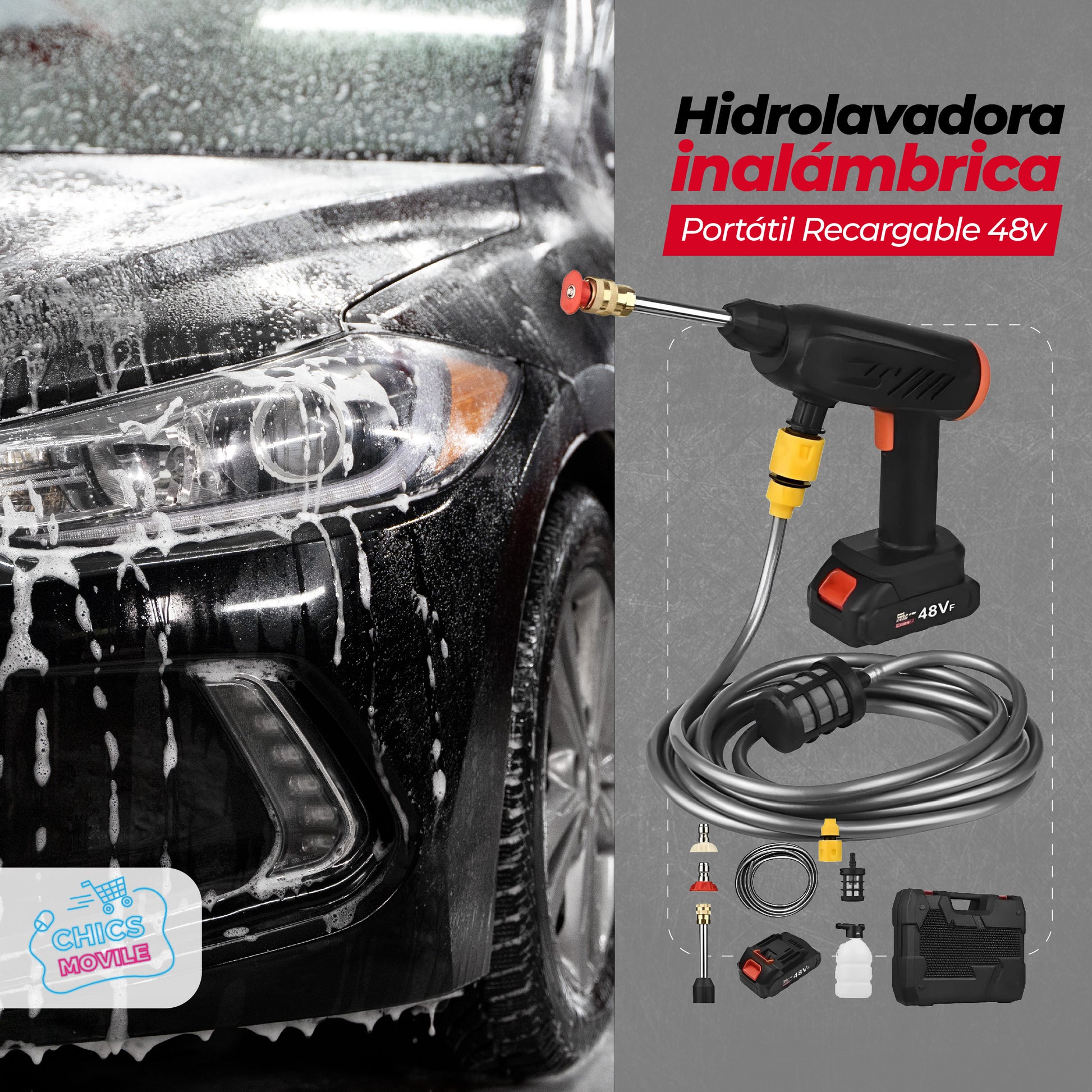 Hidrolavadora Inalambrica Portátil Recargable 48v 2 Baterias Color Neg – Chics Movile